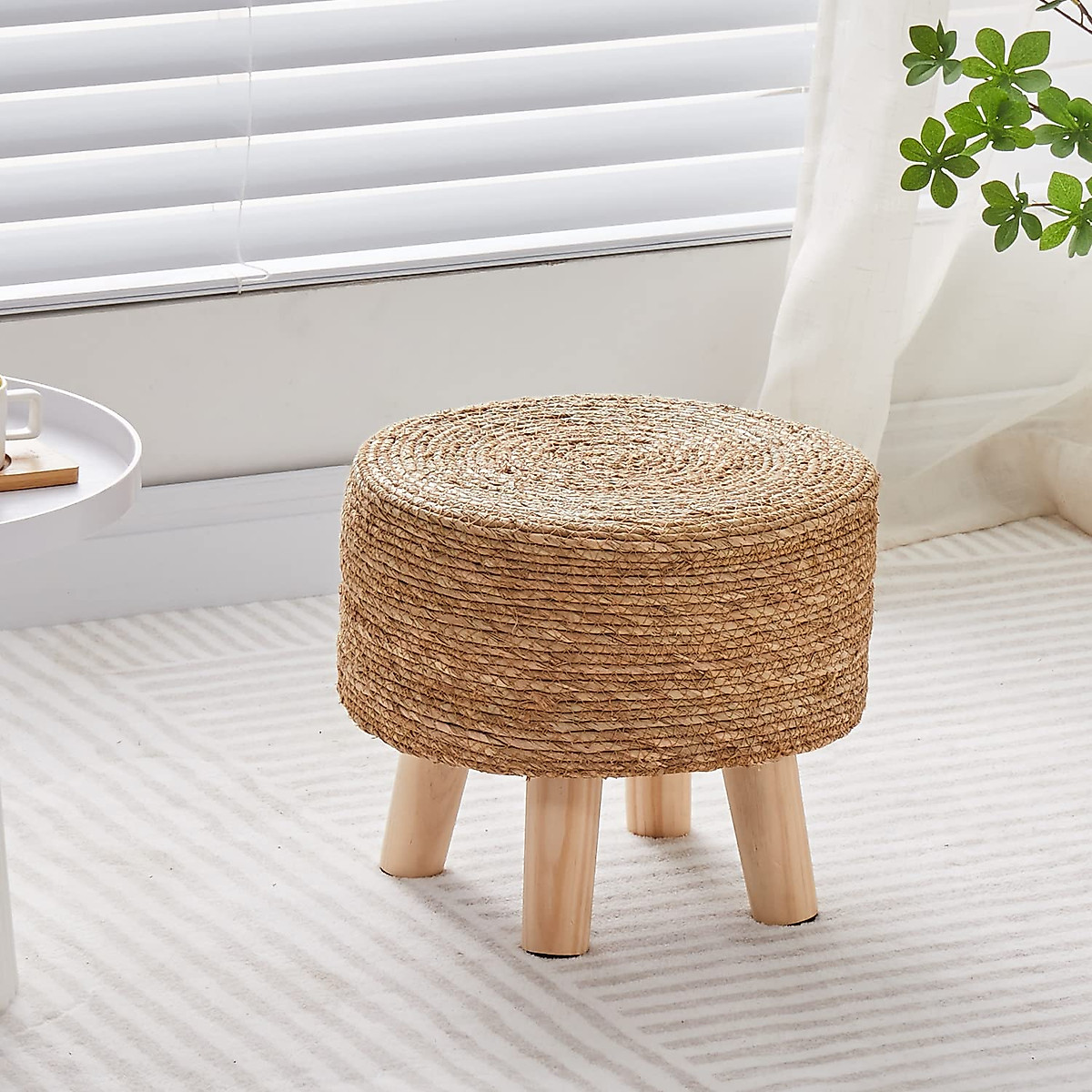 Cpintltr Foot Stool Natural Seagrass Hand Weave Poufs Round Ottoman for Couch Desk Soft Step Stool Padded Foot Rest with Non-Skid Pine Legs for Hallway Office Lounge Natural