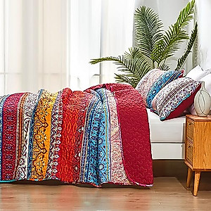 Boho Quilt Set Queen Size, Bohemian Red Strip 3 Pieces Bedspread Set Lightweight Microfiber All Season Christmas Bedding Coverlet Set for Queen Bed (96"x90")