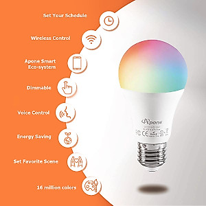 Smart A19 LED Smart, WiFi Light Bulb Compatible with Alexa Google Home, with Over 16 Million Vivid Color, Cool Warm White Dimmable, No Hub Required, 60W Equivalent, RGB+2700K-6500K, 4 Pack