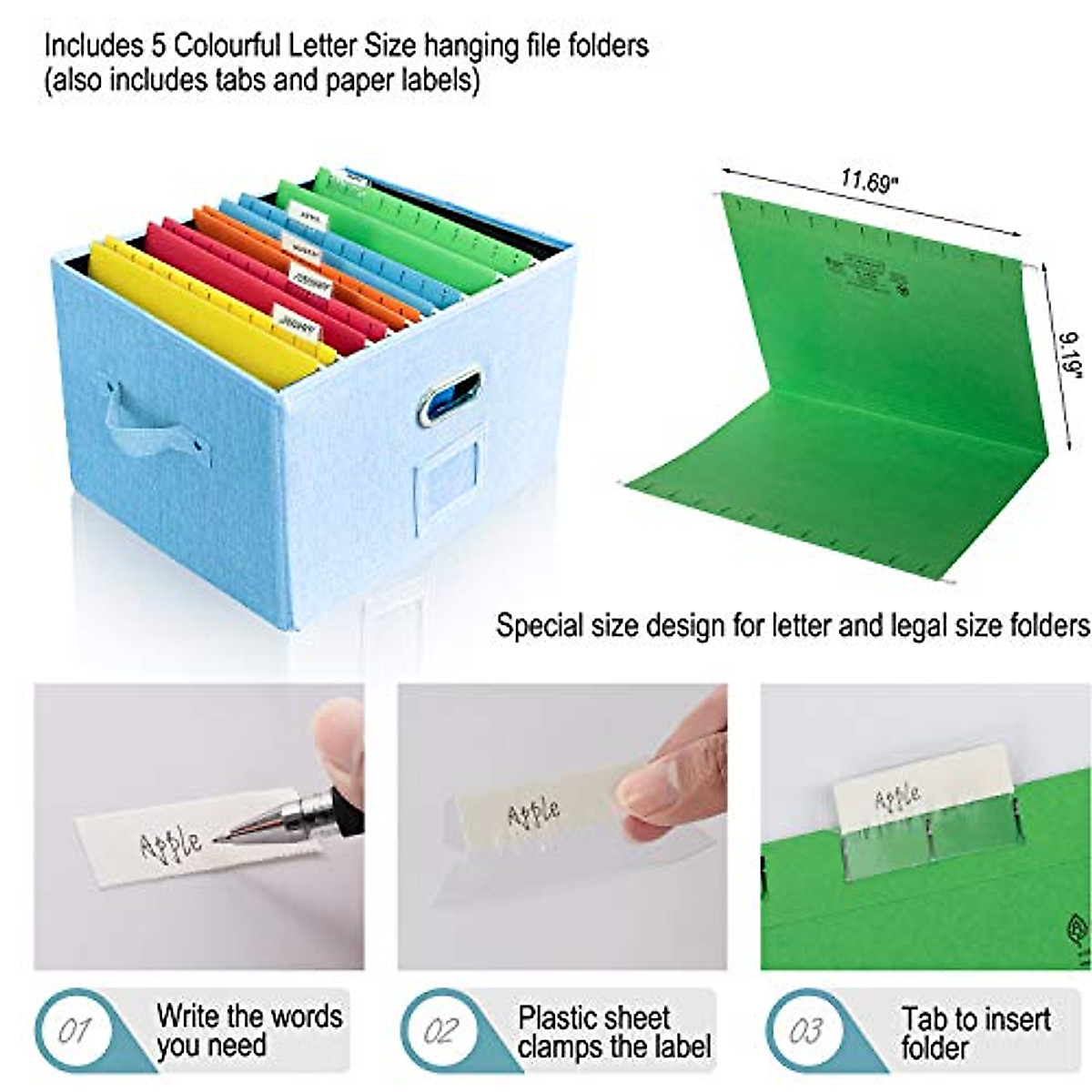 JSungo File Box with 5 Hanging Filing Folders, Document Organizer Storage for Office, Collapsible Linen Storage Box with Lids, Home Portable Storage with Handle, Letter Size Legal Folder, Blue