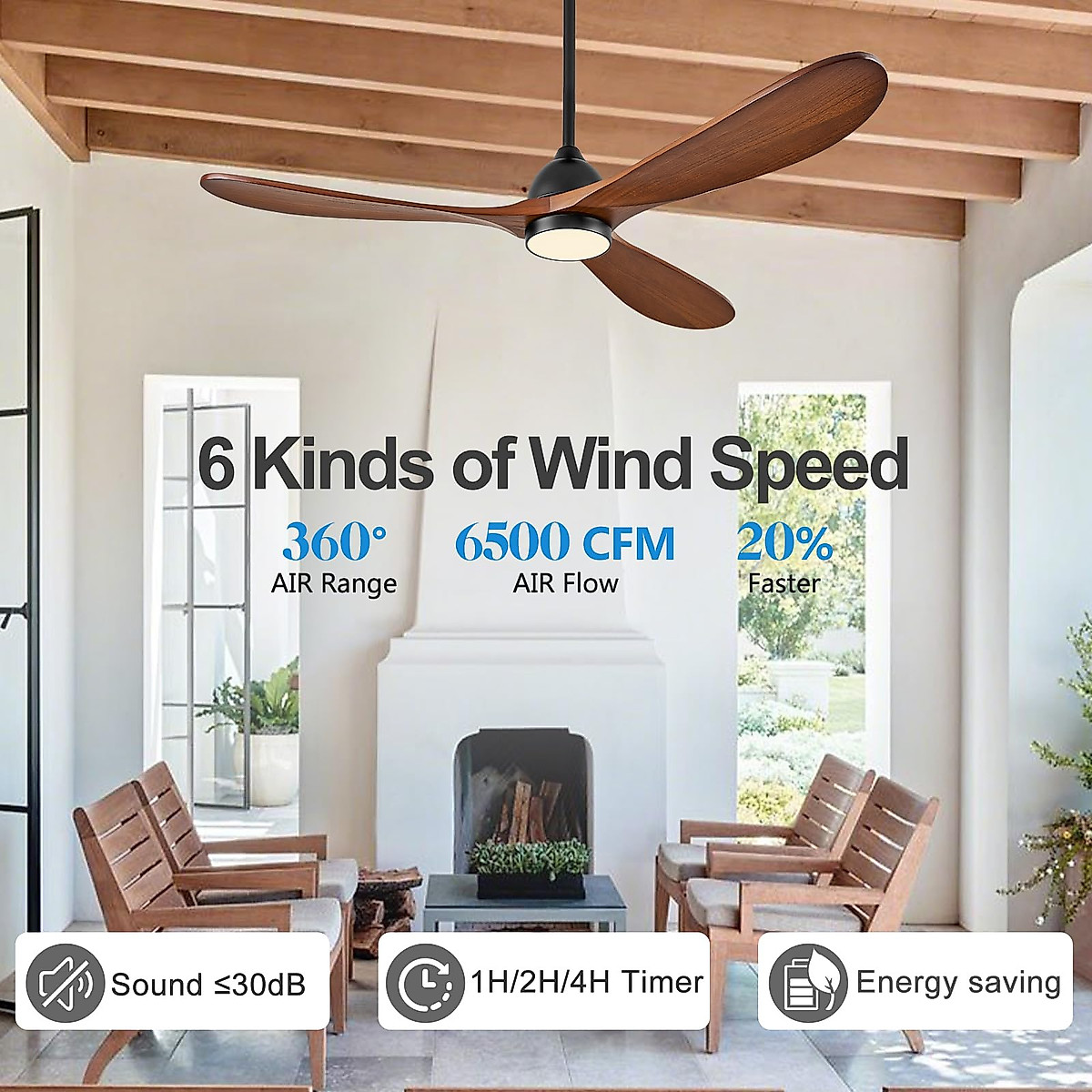 Eliora 54 inch Outdoor Ceiling Fan, Outdoor Ceiling Fans for Patios with Light and Remote Control, 3 Solid Wood Blades, Quiet DC Motor, Outdoor Ceiling Fans for Patios, Porch, Dark Walnut