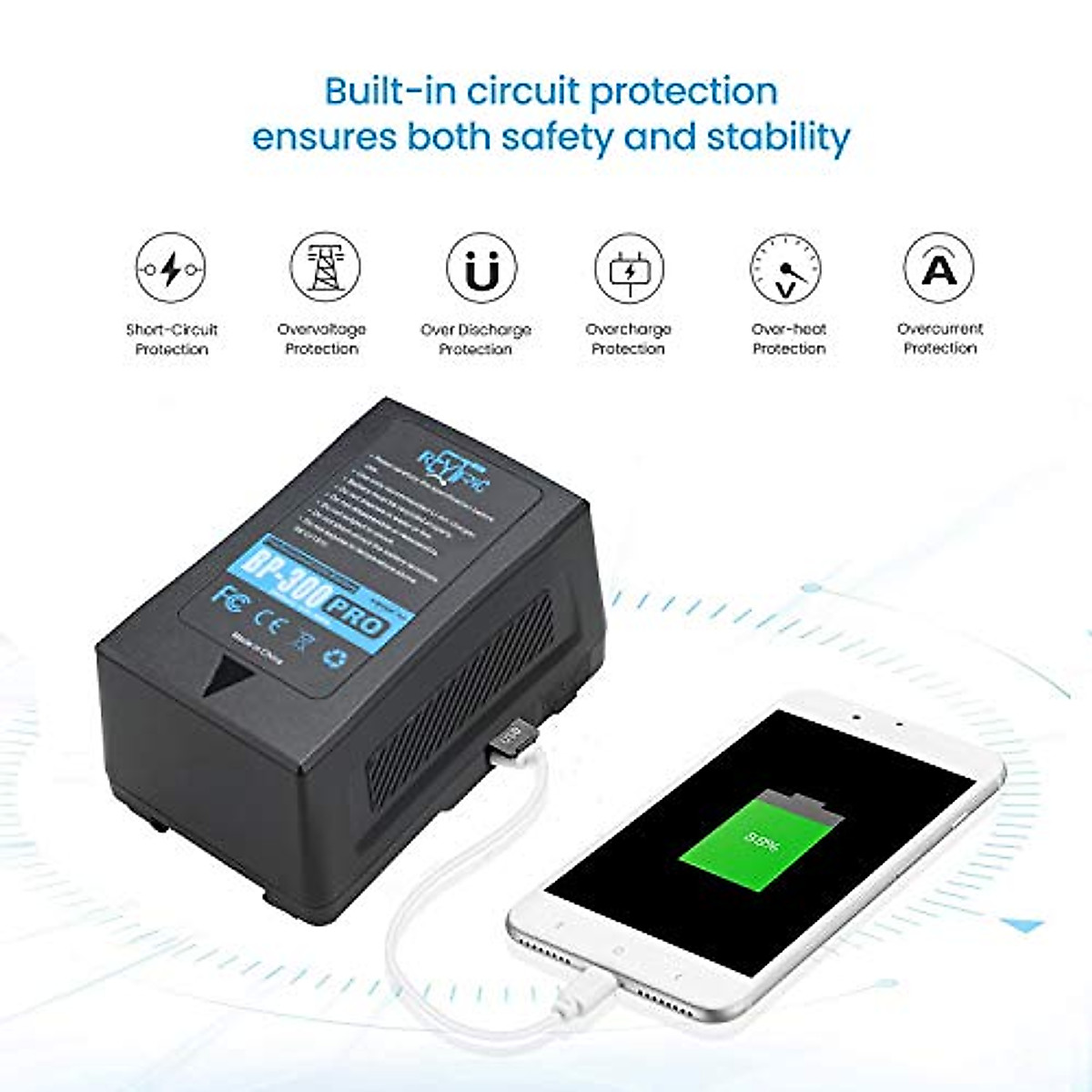 REYTRIC Upgrade 300Wh(20400mAh) V Mount/V-Lock Battery with Upgrade 5A Output D-tap Charger and D-Tap Cable