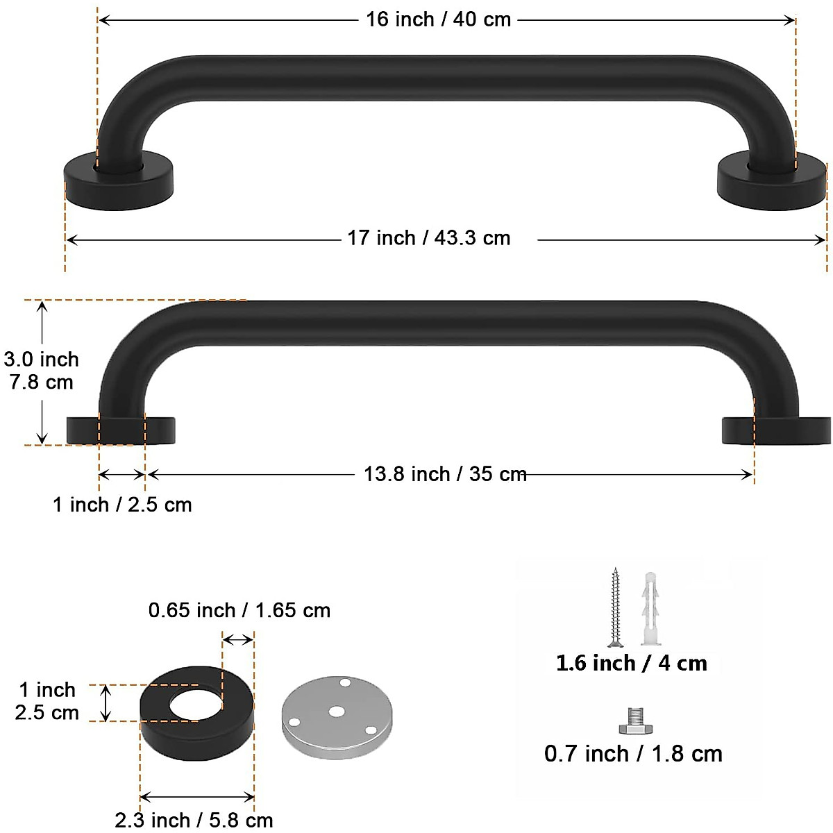 16 Inch Matte Black Shower Grab Bar-1" Diameter, iMomwee Stainless Steel Elderly Safety Bars, Bathroom Shower Balance Bar, Wall Handrail Support, Handicap Senior Disabled Pregnant Assist Bath Handle