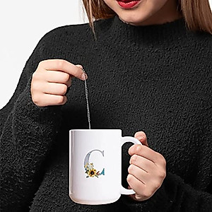 Yelolyio Watercolor Floral Monogram Coffee Mug, Alphabet Initial Letter C Coffee Cup, Monogram Mug Cup, 15oz
