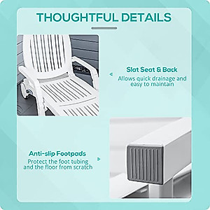 Outsunny Folding Chaise Lounge Chair on Wheels with Storage Box, Lightweight Plastic Sun Recliner with 5 Position Backrest for Beach & Pool, White