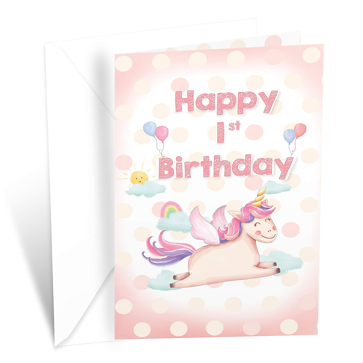 Prime Greetings First (1st) Birthday Card, Made in America, Eco-Friendly, Thick Card Stock with Premium Envelope 5in x 7.75in, Packaged in Protective Mailer