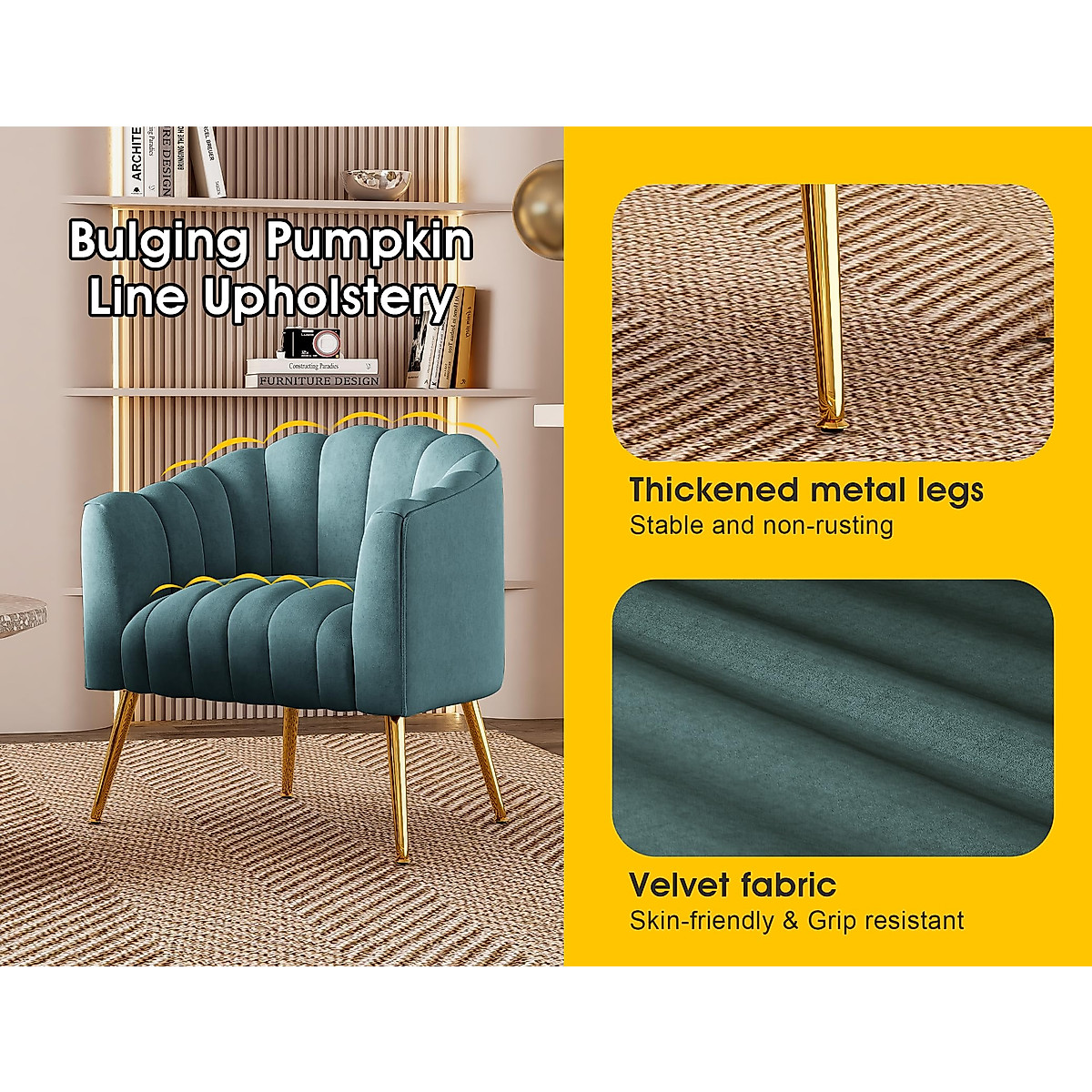 Dewhut Oversized Pumpkin Couch Accent Chair, Modern Comfy Velvet Upholstered Barrel Chairs, Luxury Single Sofa Armchair for Living Room, Waiting Room, Office and Vanity, (Blue)