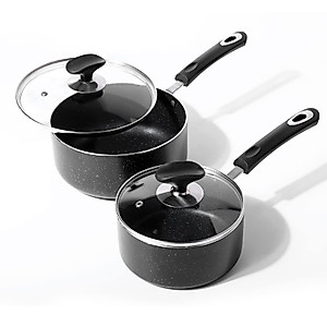 HooJay Nonstick Saucepan with Lid, Non Stick 1Qt & 2Qt & 3Qt Sauce Pan Set with Silicone Handle,Small Milk Pot with Glass Lid for Home Kitchen