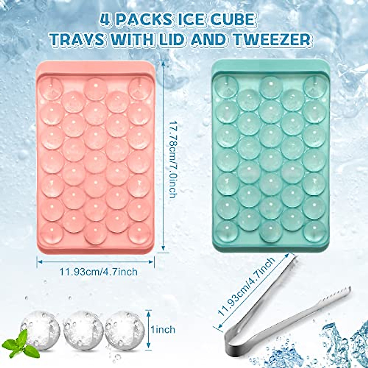 4 Pack Round Ice Cube Tray with Lid Mini Ice Ball Maker Mold Ice Cube Mold Trays Ice Trays for Freezer Sphere Ice Cube Tray Ice Ball Tray Making 132 Pcs Sphere and Ice Tong (6.69 x 3.94 x 0.79 Inch)
