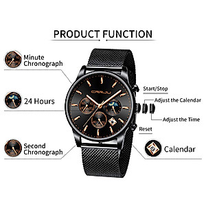 CRRJU Men Watch,Men Luxury Waterproof Unique Designed Watches 3-Sub Dial Date Mens Mesh Band Stopwatches
