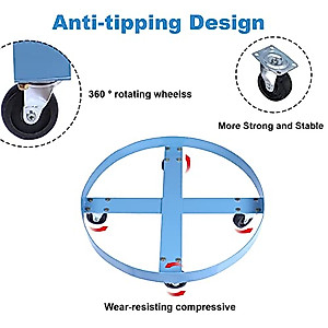 AESRAOU 55 Gallon Drum Dolly 1000 Pound Heavy Duty Bucket Dolly Hand Truck Multi Purpos Barrel Dolly Cart with Adjustable Handle and 4 Swivel Casters Wheel (Blue)