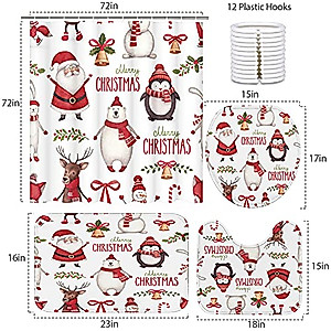 Britimes 4 Piece Shower Curtain Sets with 12 Hooks, Christmas Santa Claus Penguin with Non-Slip Rugs, Toilet Lid Cover and Bath Mat, Durable and Waterproof, for Bathroom Decor Set, 72" x 72"