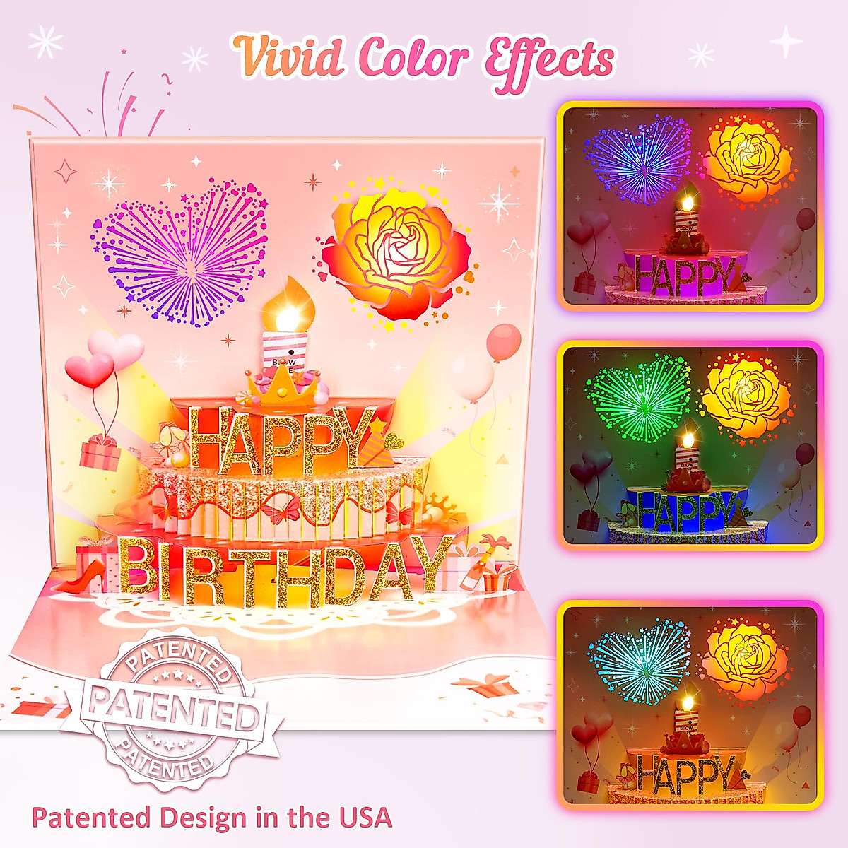 FITMITE Birthday Cards, Musical Pop up Happy Birthday Card with Light and Blowable Candle Birthday Gifts for Women Wife Sister Friends Kids, Birthday Greeting Cards With Envelopes-Rose Gold