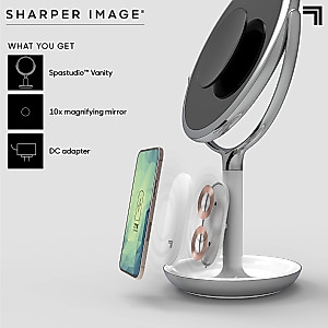 Sharper Image® SpaStudio™ 8” Vanity Mirror - Wireless Qi Charging Pad, Dimmable LED Halo Light Ring, 10X & 5X Magnification, Cosmetic Makeup Skincare Essential, Aesthetic Room Desk Decor Storage
