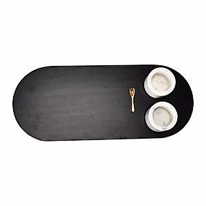 Bloomingville Bloomingville Mango Wood Tray with 2 Marble Bowls and Gold Finish Stainless Steel Spoon, Set of 4