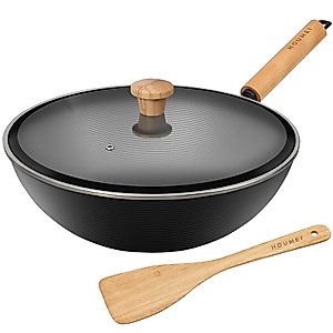 Carbon Steel Wok Pot with Lid, Nonstick Stir Frying Pan with Flat Bottom for Braising and Deep Frying, Pre-Seasoned Chinese Cooking Pan Suitable for Electric, Induction & Gas Stoves(32cm/12.6")