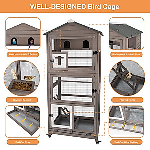 Gowoodhut 68.8"L Outdoor Bird Aviary Indoor Wooden Large Bird Cage Parakeet Cage on Wheels,Removable Wire Netting Slide Pull Out Tray, 2 Perches, Nest House,Ideal for Small Birds,Finches,Parrots,Grey