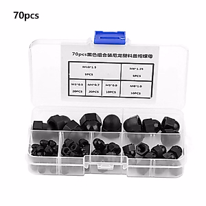 Dome Nut, 70Pcs Black White (Optional) Nylon Dome Head M3 M4 M5 M6 M8 M10 Hex Nuts Acorn Nut Kit, with Plastic Box(black)