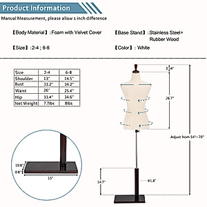 VINGLI Female Dress Form, Mannequin Torso Body with Adjustable Wood Stand for Dress Display Clothes Design, Pinnable Manikin (White, 2-4)