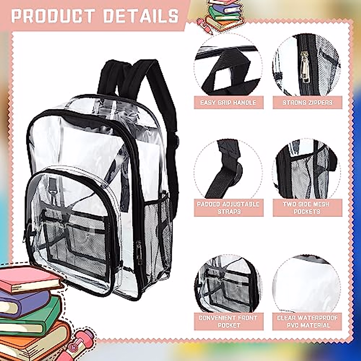Sadnyy 12 Pcs Clear Backpack Bulk Heavy Duty Stadium Approved Transparent Bookbag PVC See Through Bag for School Work Concert(Multicolor)