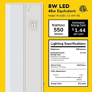 GETINLIGHT Dimmable Hardwired Only Under Cabinet LED Lights, 18-inch, Daylight White(5000K), Matte White Finished, ETL Listed, IN-0201-12-WH-50