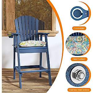 Sundale Outdoor Adirondack Bar Chairs Set of 2, Patio HDPE Bar Stools with Backrest, 30 Inch Seat Height Bistro Tall Dining Counter Barstools with Cushion, All-Weather Pub Height Chair, Navy Blue