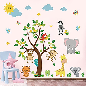 Supzone Jungle Animal Wall Stickers Monkey Tree Wall Decals Elephant Giraffe Tiger Wall Sticker for Kids Girls Boy Baby Nursery Playroom Bedroom Living Room Kindergarten Wall Decor