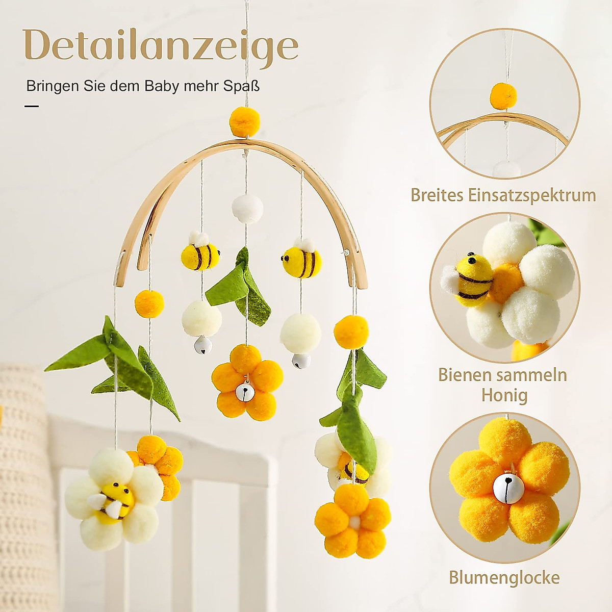 Baby Crib Mobile Wooden Wind Chime Bed Bell,Neutral Baby Crib Mobile,Baby Mobile for Crib,Handmade Baby Mobile,Bee Baby Ceiling Mobile Baby Nursery Decoration