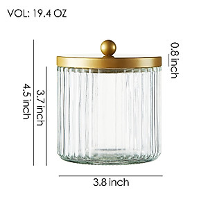 KMwares Glass Qtip Holder Dispenser Set for Cotton Ball, Swab, Round Pads, Floss Picks - Bathroom Canister Storage Organization and Vanity Makeup Organizer (2, Golden)