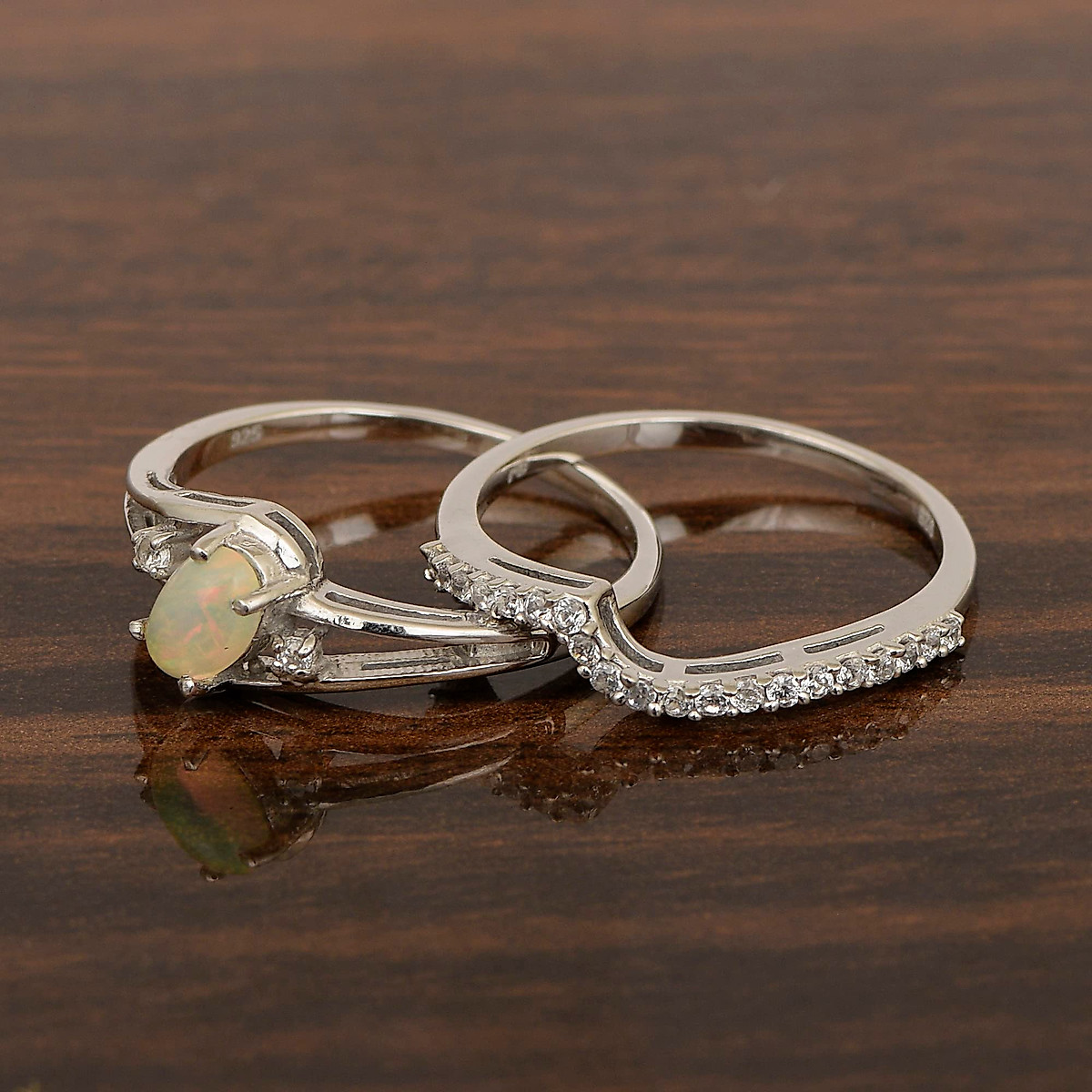 925 Sterling Silver Ring, Multi Choice Gemstone Birthstone 2pc Wedding Band Stackable Ring Set Size 6-10 Opal, Sz7
