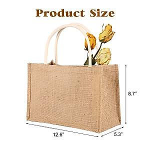 4 Pack Medium Burlap Tote Bags with Handle, 12.6"x8.7"x5.3" Reusable Jute Beach Bags Blank Grocery Tote Bulk, Canvas Gift Bag for Bridesmaid Wedding, DIY, Women Market Grocery Shopping