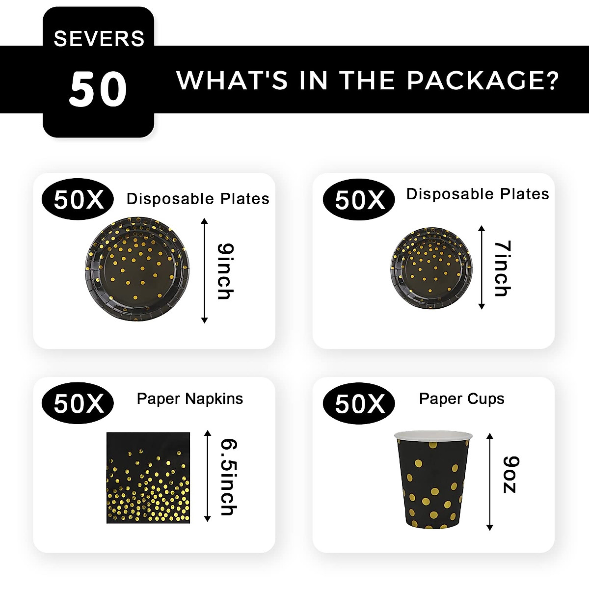 Black and Gold Party Supplies - 200PCS Disposable Black Paper Plates Dinnerware Set Gold Dots 50 Dinner Plates 50 Dessert Plates 50 Cups 50 Napkins Wedding Birthday Party Baby Shower Christmas