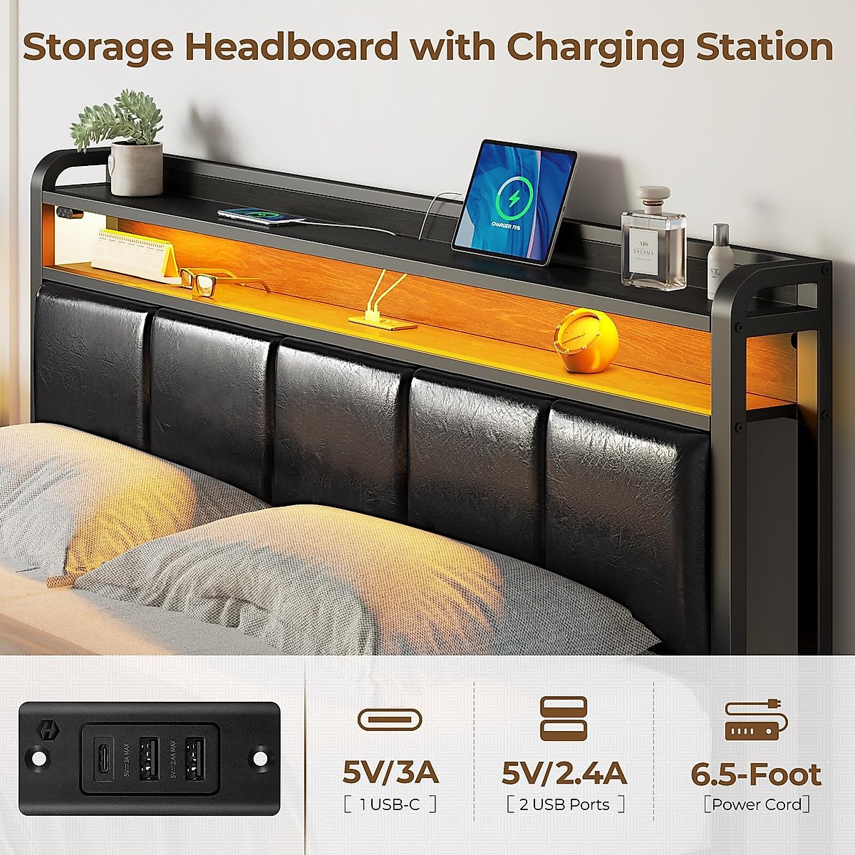 Rolanstar Bed Frame Queen Size with Charging Station and LED Lights, PU Leather Headboard with Storage Shelves, Heavy Duty Metal Slats, No Box Spring Need, Noise Free, Easy Assembly, Black