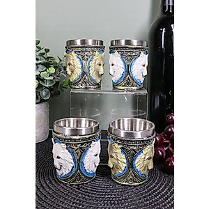 Ebros Myths Legends And Fantasy Spirit Themed 2-Ounce Shot Glasses Set Of 4 Resin Housing With Stainless Steel Liners Great Souvenir And Party Hosting Idea (Albino And Gray Wolf)