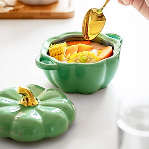 Dutch Oven Pot with Lid, Pumpkin Pottery Dessert Saucepan, Mini Baking Dish Cute Pumpkin Bowl, Covered Dutch Oven Ceramic Stockpot, Pumpkin-Shaped Casserole (Green)