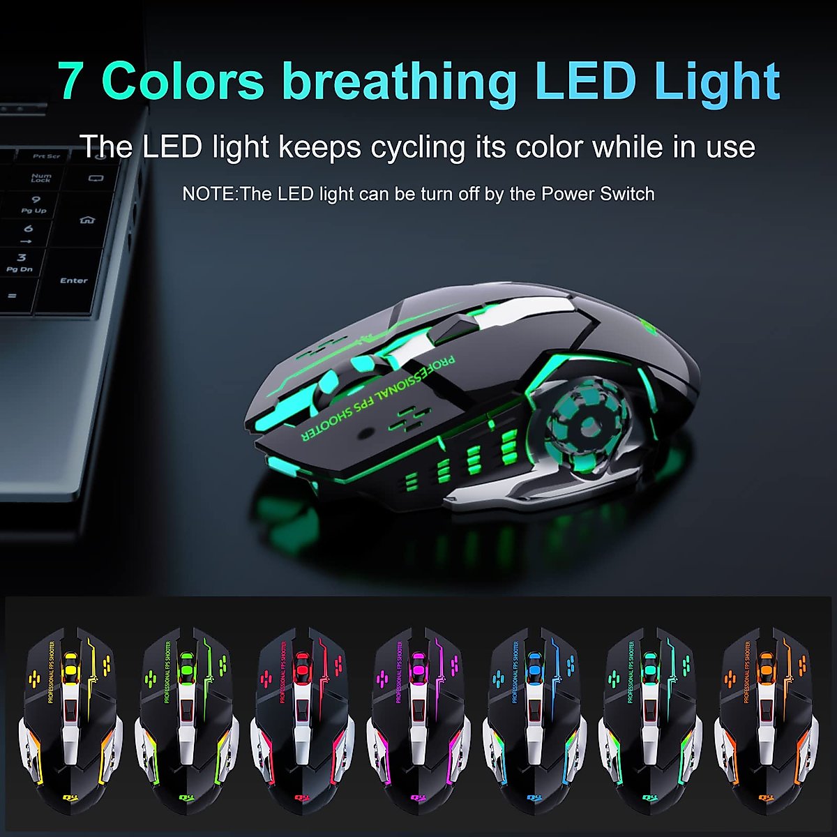QELIROKY New 2.4G Wireless Rechargeable Gaming Mouse Silent Click with 6 Buttons, 3 Adjustable Levels DPI, Colorful LED Lights for Laptop, iPad, MacOS, PC, Windows, Android (Black)