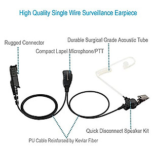 Single Wire Earpiece with Reinforced Cable for Motorola Radios XPR3300 XPR3500 XPR3300e XPR3500e (XPR 3300 3500 3300e 3500e Series), Acoustic Tube Headset, Compact PTT/Mic, Clear Audio Transmission