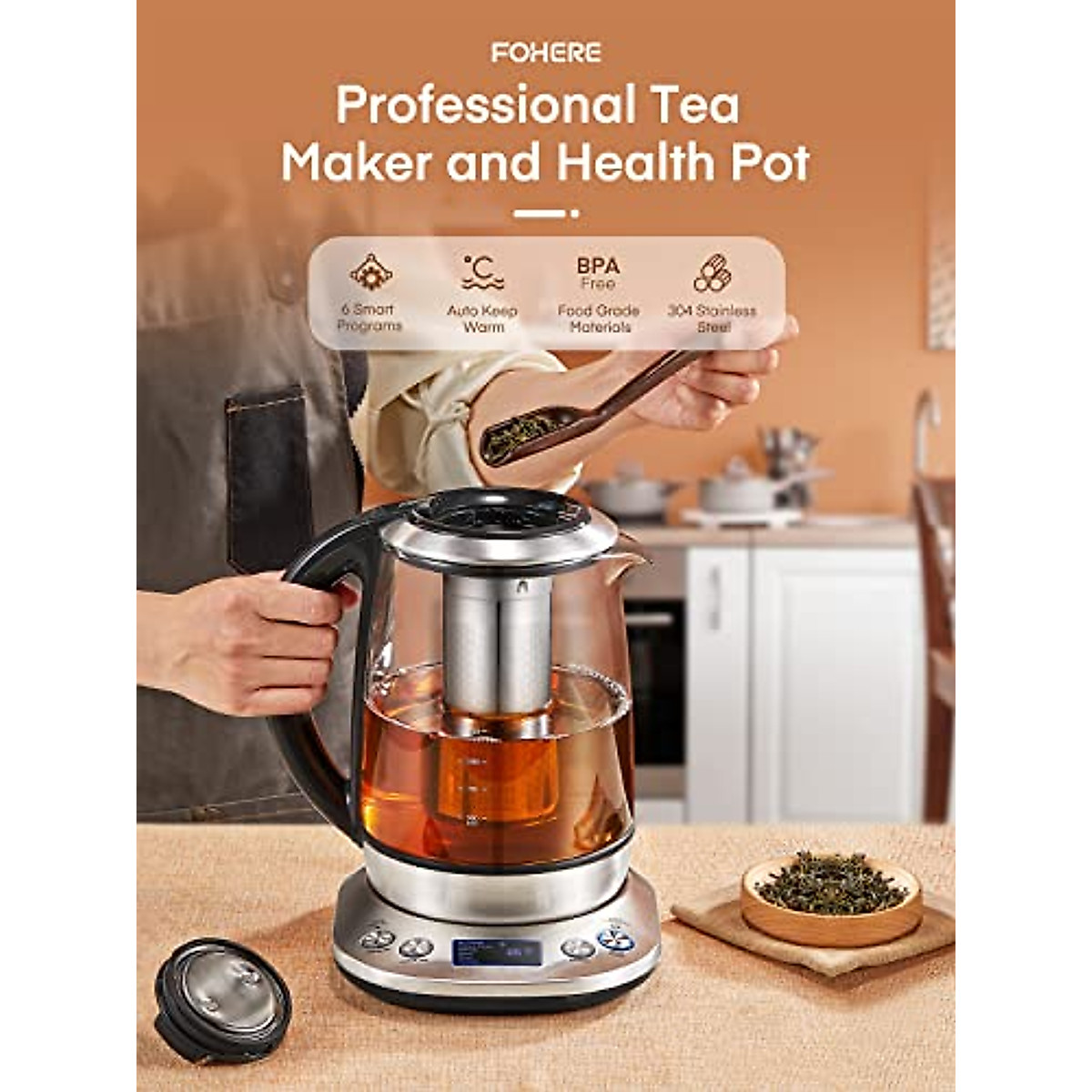 Electric Kettle with Temperature Control and Tea Infuser, FOHERE 1.7L Electric Tea Kettle, Glass and Stainless Steel Hot Tea Water Kettle, 2Hr Keep Warm, 6 Presets for Herbal, Green, Coffee, Black