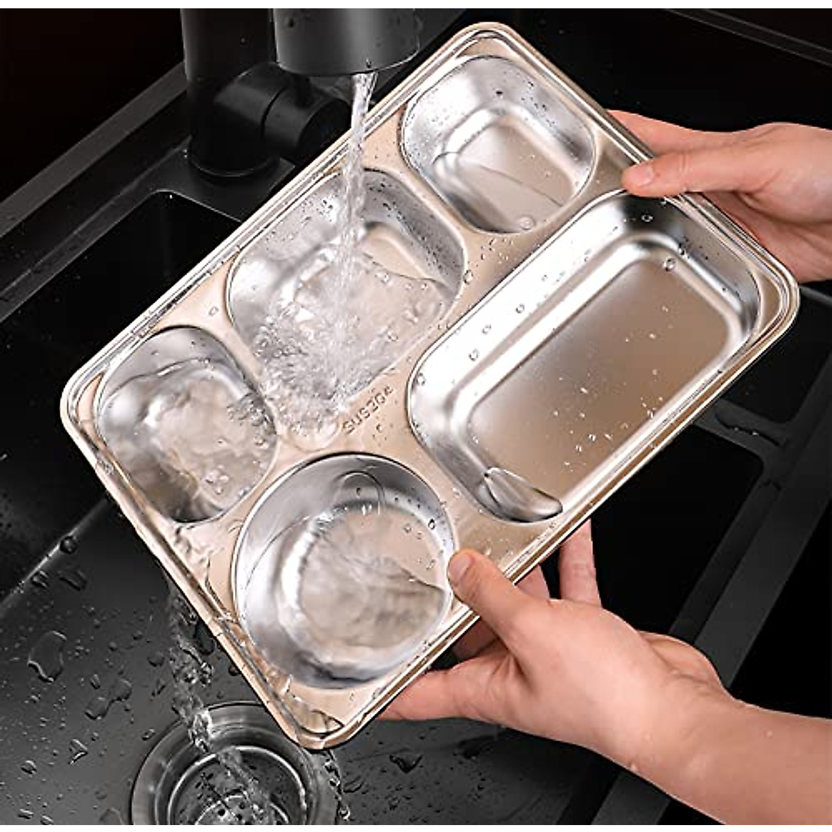 Cezoyx 4 Pack Stainless Steel Divided Trays, 5 Section Divided Dinner Plates Rectangular 304 Steel Section Control Plates for Adults, Kids, Campers, Diet Food Portion Control