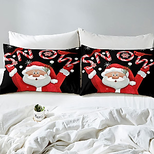 Cartoon Christmas Bedding Set Queen Size,Red Cute Santa Claus Duvet Cover Set for Children Present, Sweet Candies Black Comforter Cover with 2 Pillowcases Polyester Bedspread