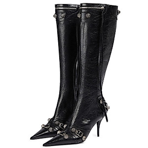 Kluolandi Women's Stiletto High Heel Knee High Boots with Tassel Pointed Toe Studded Zipper Black Boots for Women Size 7