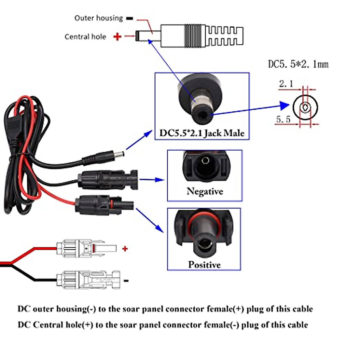 ZUYOOK Solar Panel Plug to DC 5.5mm x 2.1mm Male Adapter Cable MC-4 to DC Cable with DC 3.5x1.35mm,DC 5.5mmx2.5mm 6.3x3mm and DC8mmConverter for Solar Panel and Generator Connector 1.5m/5ft 16AWG