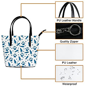 Fashionable women's handbag tote bag, Blue and White Catprinted shoulder bag is light and durable