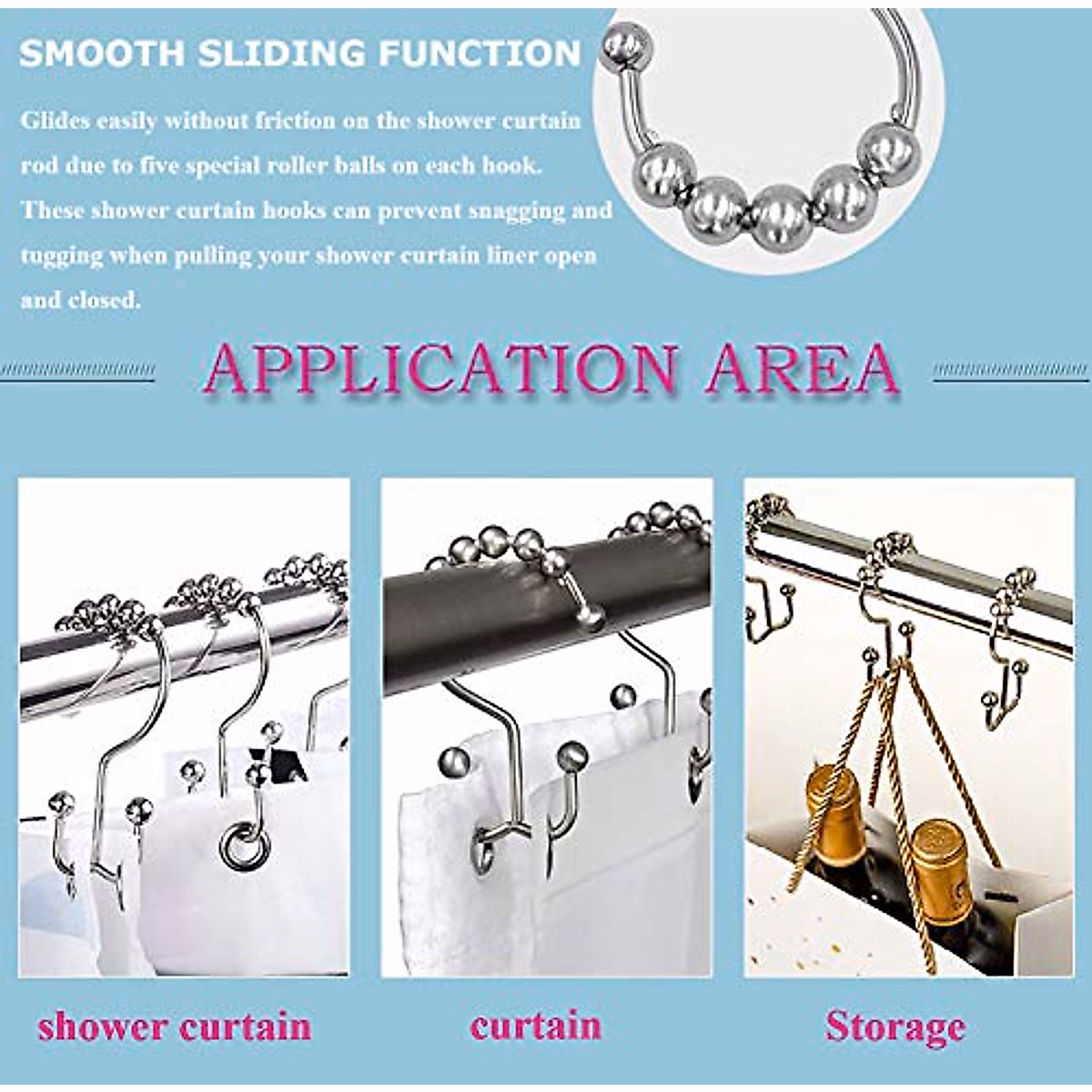 CenYouful Shower Curtain Rings, Rust-Resistant Metal Double Roller Glide Hooks, Set of 12 Chrome Rings