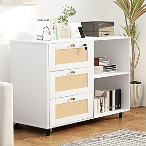 Lamerge 3-Drawer Wood File Cabinet with Lock,Rattan Office Storage Cabinet Printer Stand with Storage,Mobile Lateral Filing Cabinet for Home Office with Open Storage Shelves,White