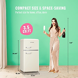 DEMULLER 3.5 Cu.ft Retro Mini Fridge with Freezer Dual Doors & Handles Compact Refrigerator with 7 Thermostat Control Freestanding Small Fridge with LED Light Cream
