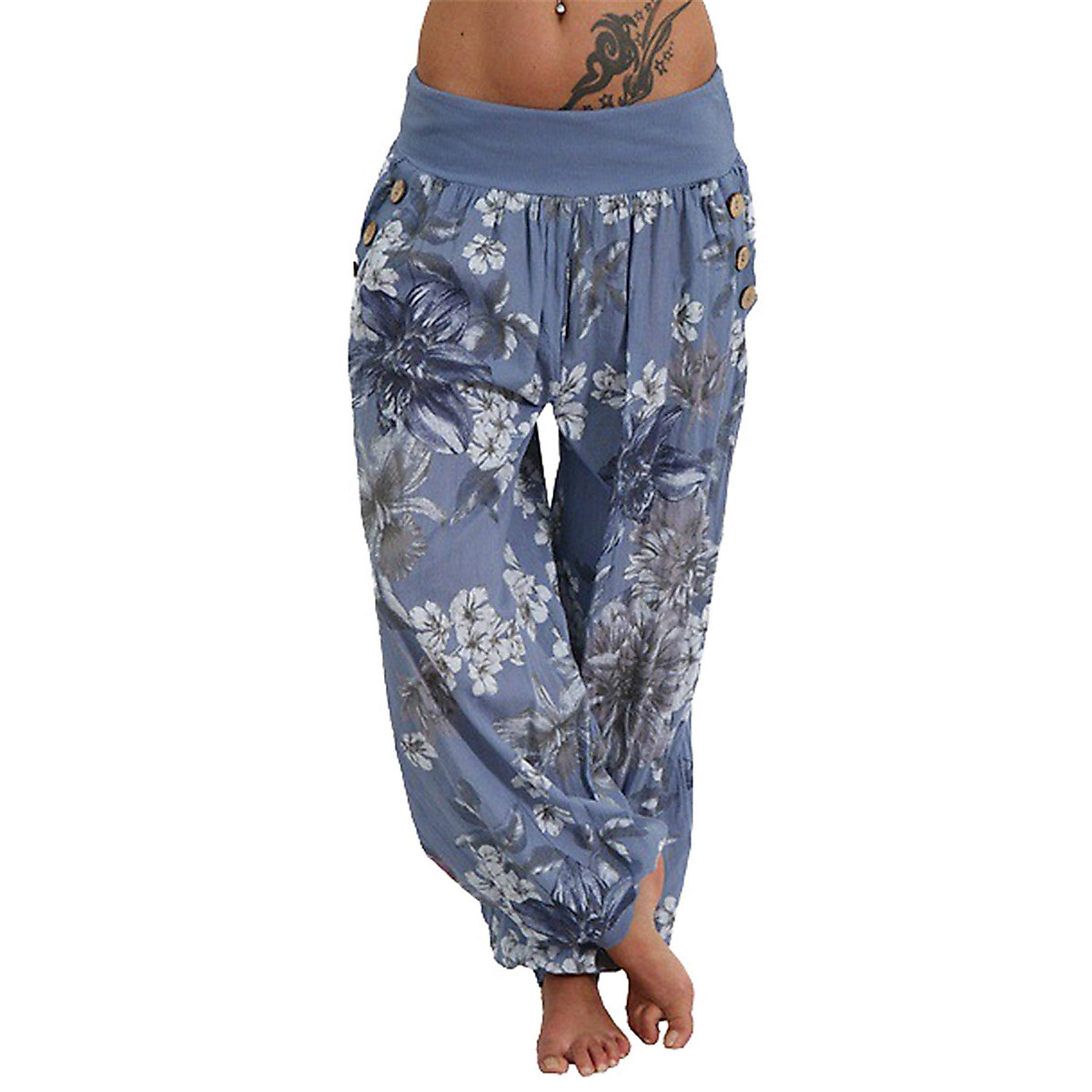 Andongnywell Women Print Wide Harem Pants Hippie Boho Loose Pocket Button Harem Pants High Waist Baggy Beach Pants (Blue,Small)