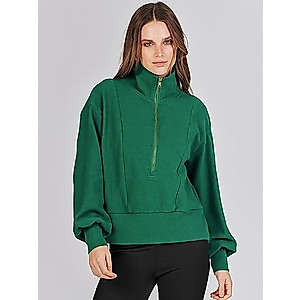 Caracilia Womens Cropped Sweatshirts Quarter Zip Pullover Half Zip Hoodies Long Sleeve Fleece 2023 Fall Casual Ribbed Knit Outfits Sweater Preppy Clothes C105A0-caolv-M Green