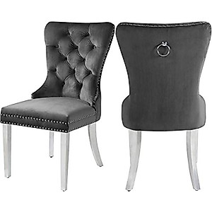 Meridian Furniture Carmen Collection Modern | Contemporary Velvet Upholstered Dining Chair with Button Tufting and Chrome Metal Legs, Set of 2, Grey, 21.5" W x 27" D x 39.5" H