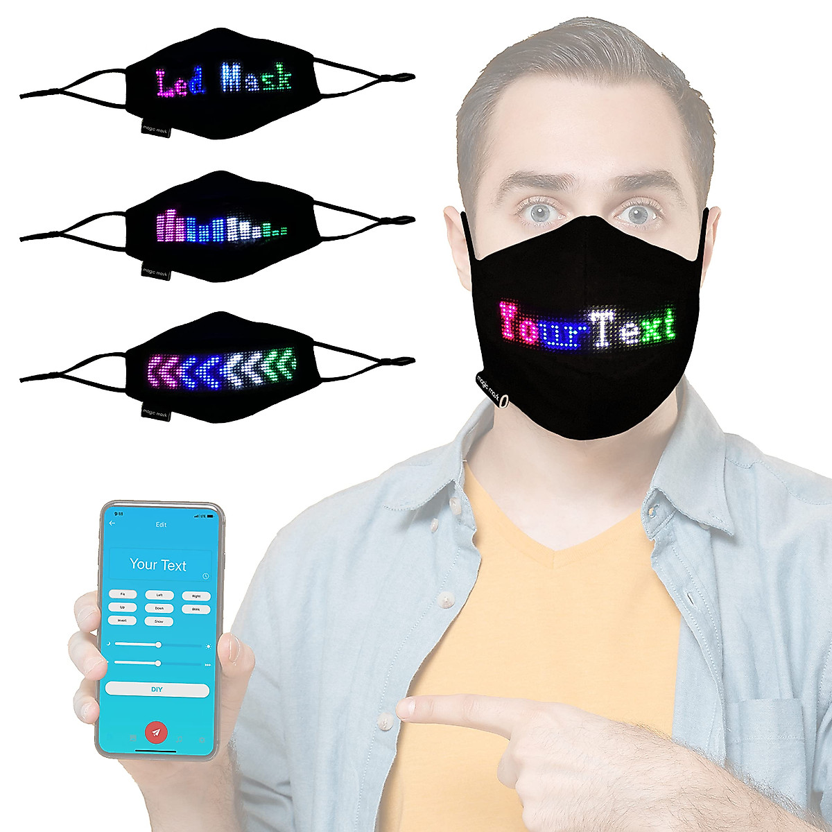 Magic Mask LED Lighted Face Mask, Smart Face Cover, Digital Programmable Lights, Bluetooth App Controlled, Wireless, Adults, Men, Women